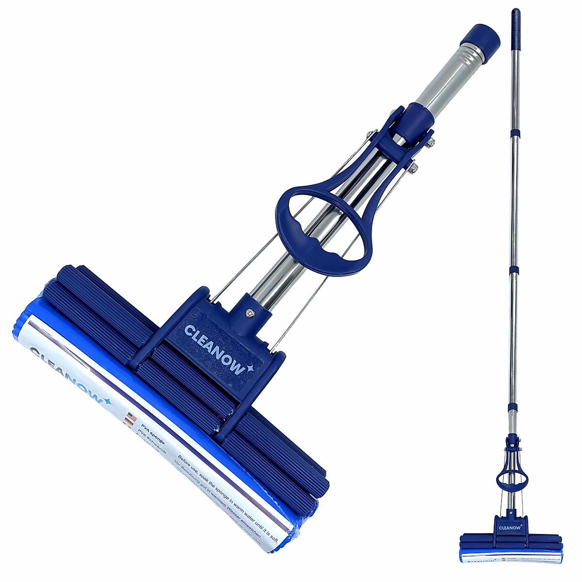 Cleanow OneTouch GO! Floor Cleaner - Floor Mop with Wringing Function - Sponge Mop for Cleaning Floors - PVA Sponge and Stainless Steel Handle