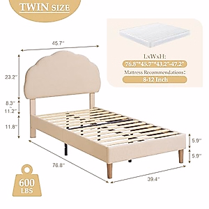 VECELO Twin Size Bed Frame, Upholstered Platform Bedframe with Height Adjustable Plush Fabric Headboard, Strong Wood Slat Supports, No Box Spring Needed, Beige