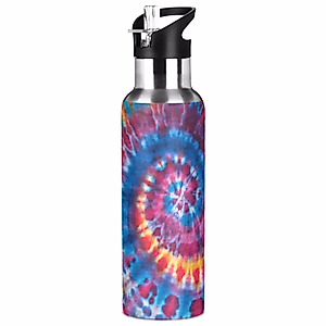 Bright Colorful Tie Leak Free Insulated Bottles with Handle 32 oz Vaccuum Bottle with Straw Lid Thermal Bottle for Hiking Biking BAP-Free
