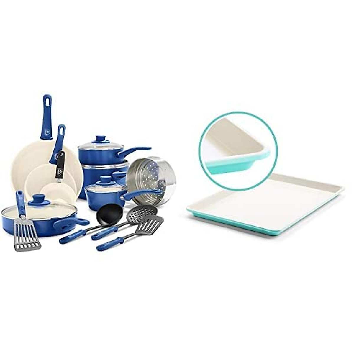 GreenLife Soft Grip Healthy Ceramic Nonstick, Cookware Pots and Pans Set, 16 Piece, Blue & Bakeware Healthy Ceramic Nonstick, Cookie Sheet, 18" x 13", Turquoise