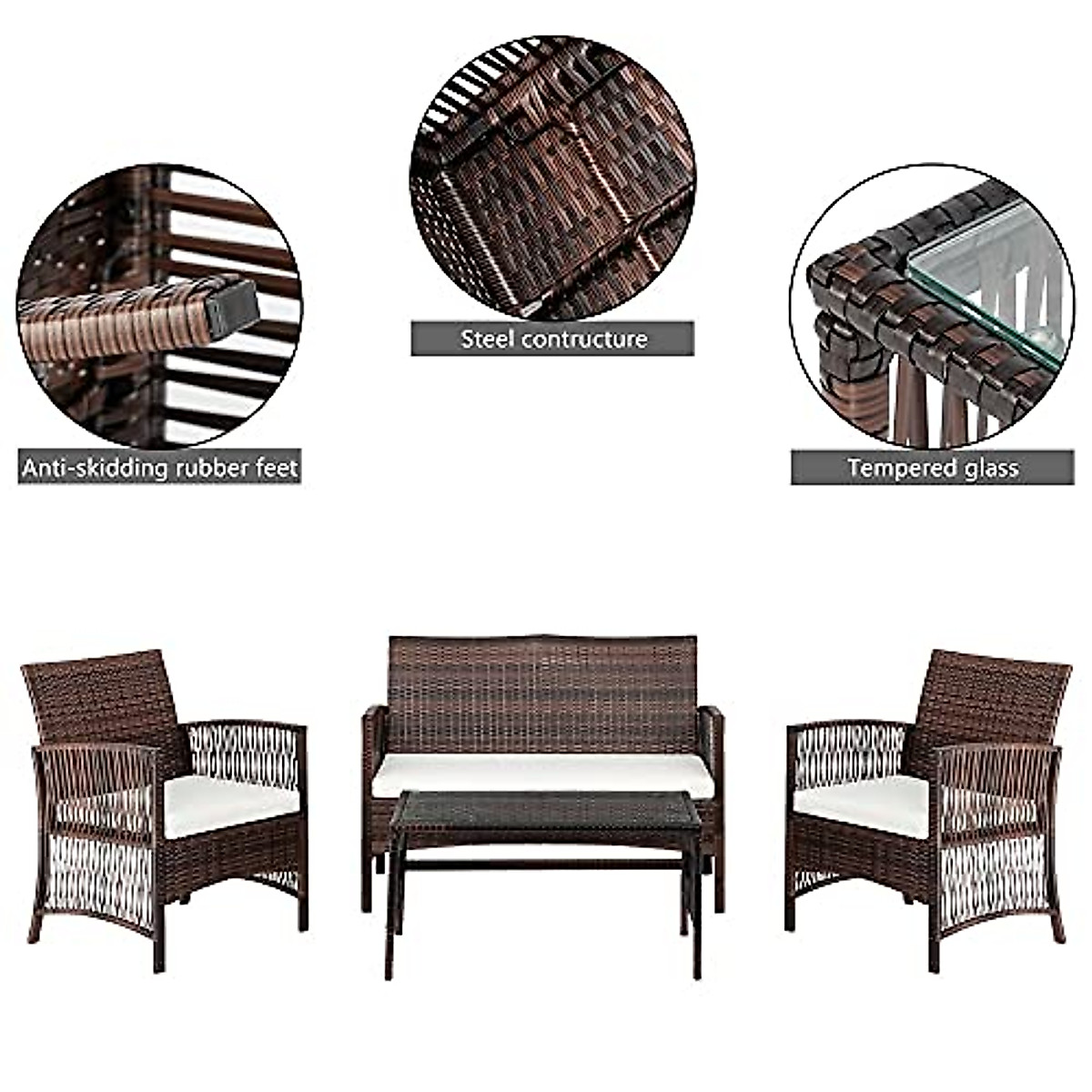 SAWQF Outdoor 4pcs 1 Double Seat 2 Single Seat 1 Coffee Table Armrest Hollow Knit Combination Sofa Brown Gradient Furniture