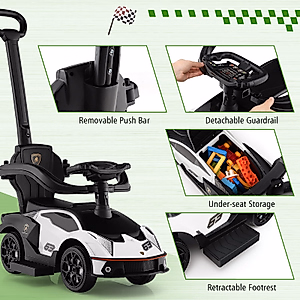 Costzon Push Cars for Toddlers, 3 in 1 Licensed Lamborghini Stroller Sliding Walking Car w/Handle, Armrest Guardrail, Underneath Storage, Horn, Foot-to-Floor Ride On Toy for Boys Girls (White)