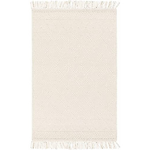 Leonardtown Moroccan Farmhouse Living Room Bedroom Wool Area Rug with Tassel - High Low, Wool - Moroccan Trellis - Hand Woven, Handmade, Beige, Grey, Light Brown - 5' x 7'6"