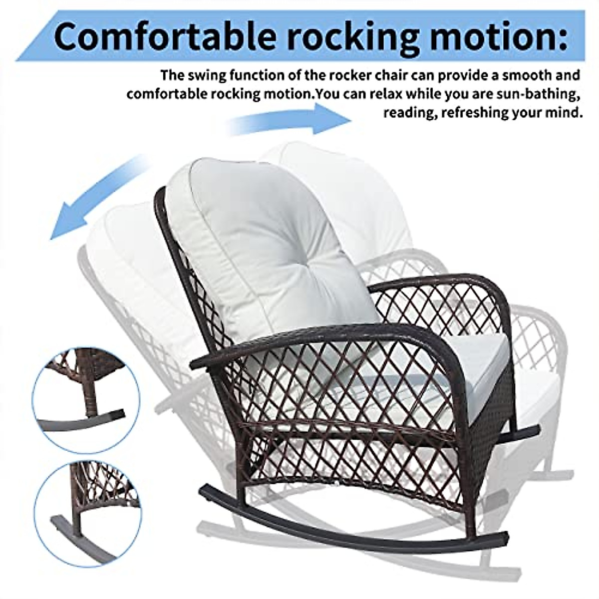 LoochMee PE White Rattan Rocker Chair,Garden Patio Wicker Rocking Chair/Furniture Sets with White Cushion,Modern Style for Outdoor&Indoor,Comfy Rocking Motion (White)