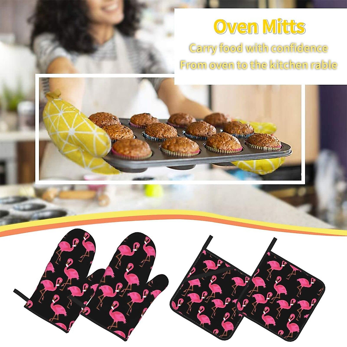 YILEQUAN Lovely Pink Flamingos Print Oven Mitts and Pot Holders Sets,Kitchen Oven Glove High Heat Resistant 500 Degree Oven Mitts and Potholder,Surface Safe for Baking, Cooking, BBQ,Pack of 4