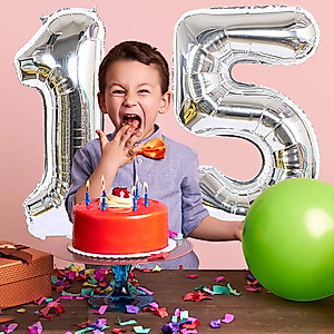 Ceqiny 40" 15th Number Balloon Mylar Balloon 18” Star Heart Foil Balloon 12” Sequins Latex Balloon for Birthday Party Wedding Bridal Shower Photo Shoot Anniversary Decor, Silver 15 Balloon Kit