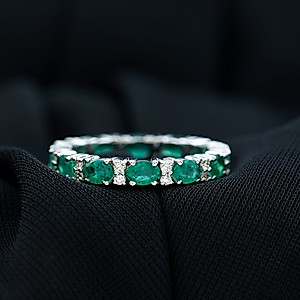 Rosec Jewels Natural Emerald Wedding Band for Women, AAA Quality, Certified Emerald Diamond Full Eternity Ring - Ready To Gift, 14K White Gold, Size:US 6.50