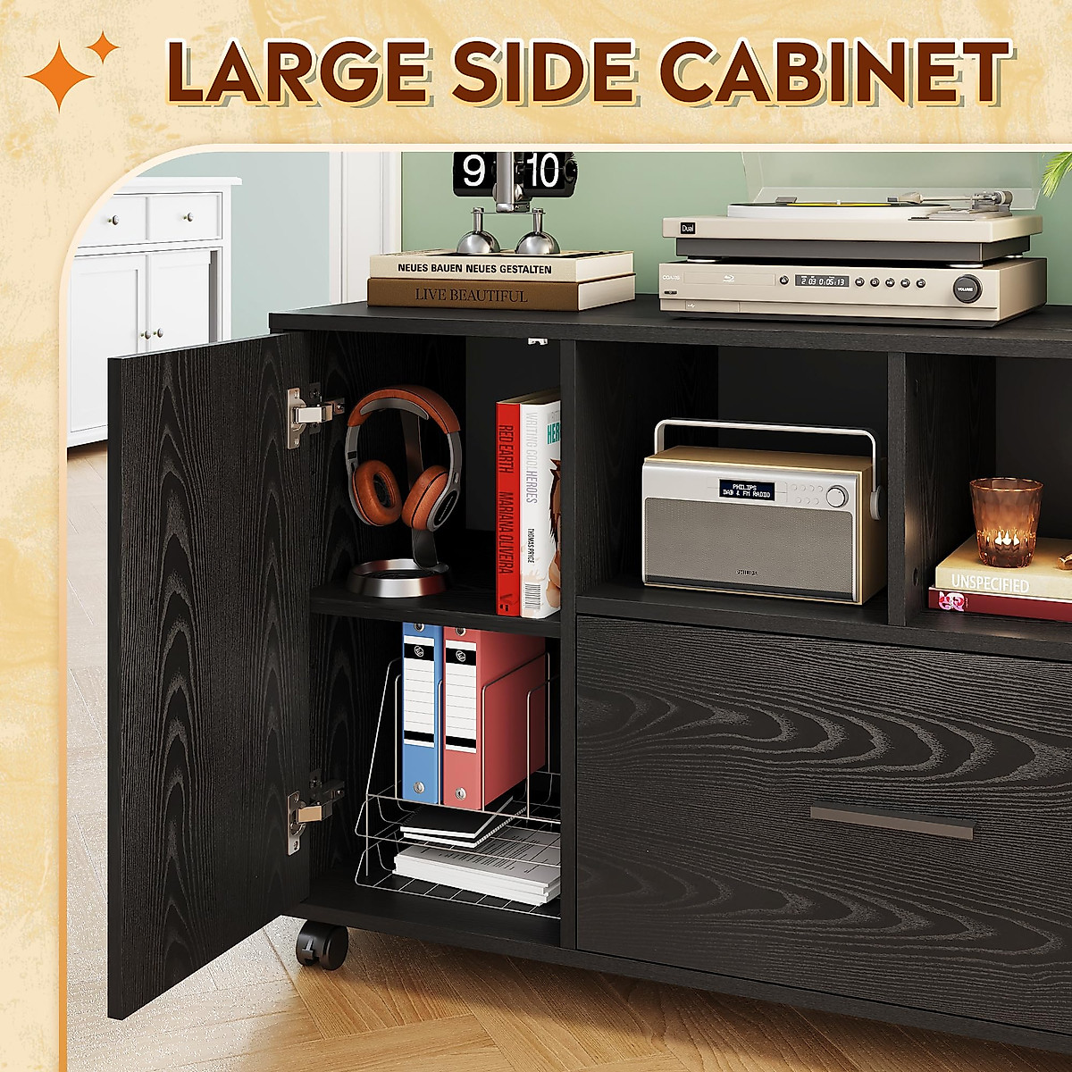 DEVAISE Office File Cabinet with Lock, 1-Drawer Wood Lateral Filing Cabinet on Wheels, Printer Stand with Open Storage Shelves for Home Office, Black