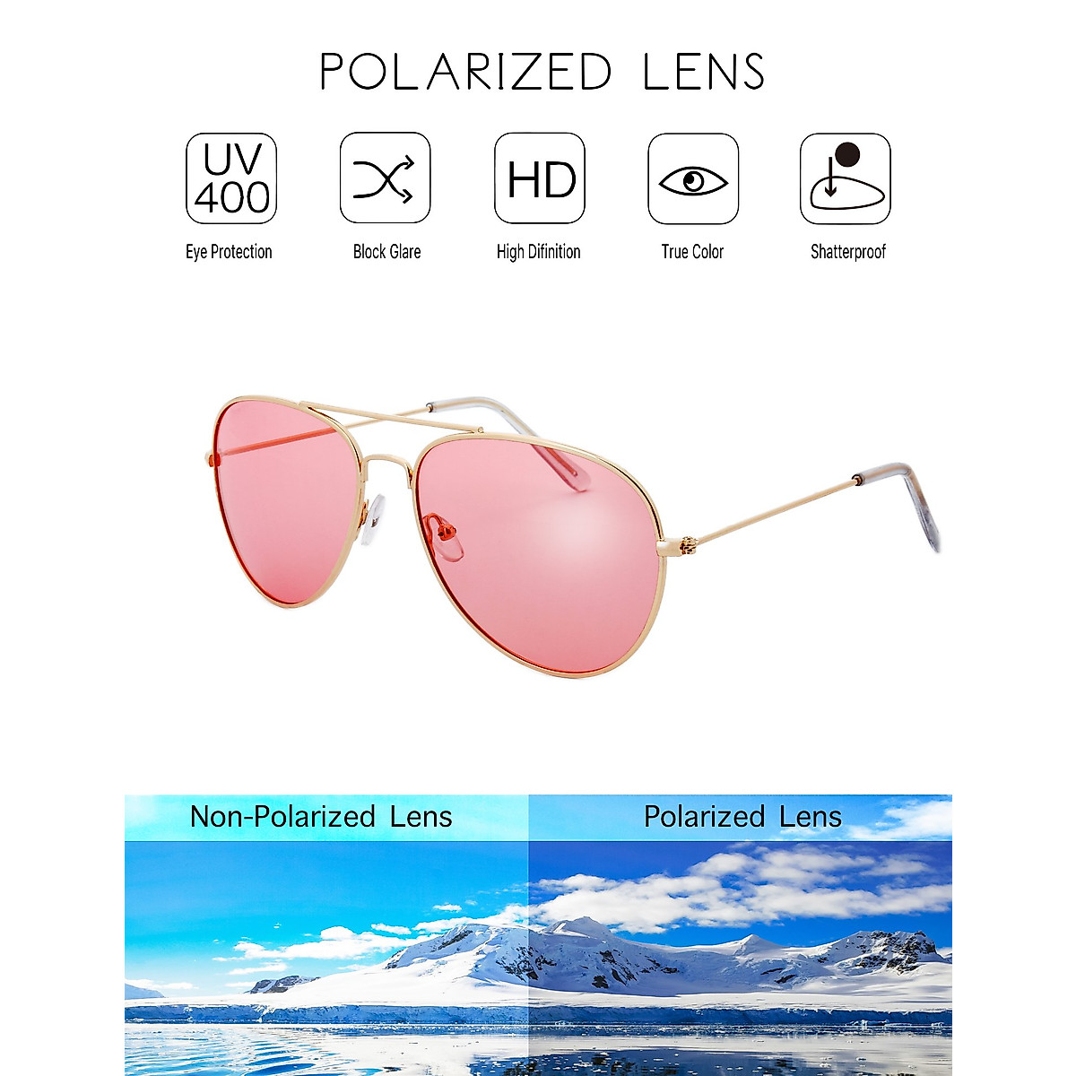 The Fresh Classic Metal Frame Polarized Lens Aviator Sunglasses with Gift Box (12-Gold, PINK)