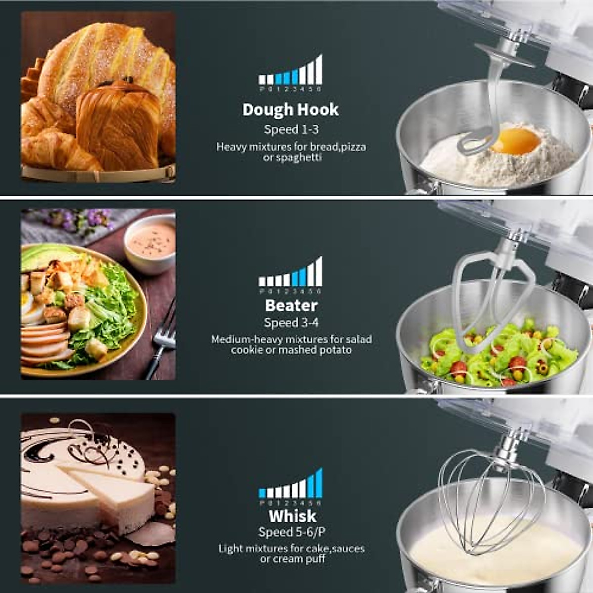 Stand Mixer, 8.5Qt Tilt-Head Food Mixer 660W 6+P Speed Kitchen Mixers Cwiim, with Dough Hook, Flat Beater, Whisk, Splash Guard, for Baking Bread Cake Cookie Pizza Salad Egg (White)