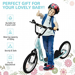 Aosom Youth Scooter Kick Scooter for Kids 5+ with Adjustable Handlebar 16" Front and Rear Dual Brakes Inflatable Wheels, Blue