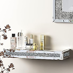 SHYFOY Mirrored Floating Wall Shelf with Crystal Crushed Diamond Inlay, Decorative Wall Mounted Shelf for Bedroom/Bathroom/Living Room, Luxury Display Ledge of Trophy and Photo Frame