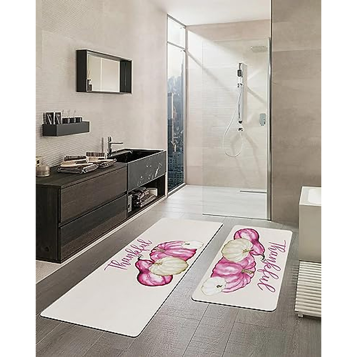 Thanksgiving Fall Bath Mat for Tub,Non Slip Bathroom Floor Runner Rug Quick Dry & Absorbent Diatomaceous Earth Shower Sink Kitchen Washable Doormat,Thanksful Harvest Pumpkin Pink White 20x24+20x48
