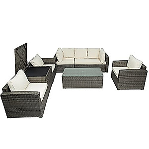 BIADNBZ Patio Furniture Sets 7-Piece Outdoor Coversation Sofa with Chairs,a Loveseat,a Table and a Storage Box for Garden, Beige Cushion