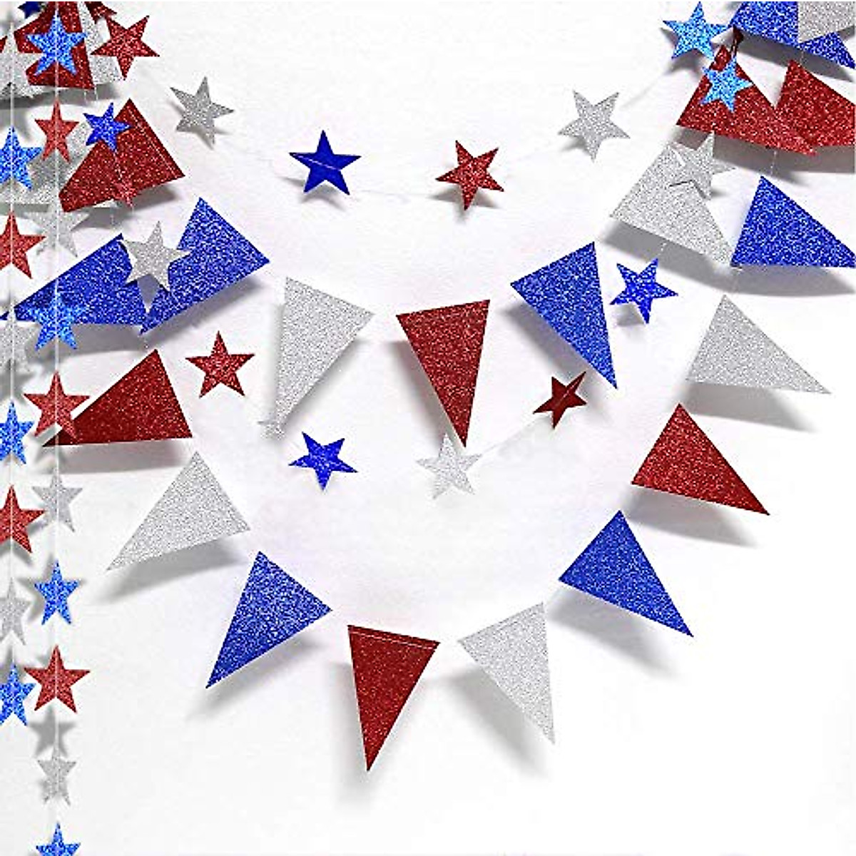 Decor365 Red Blue White/Silver Star Garland Triangle Pennant Banner Kit 4th/Fourth of July USA America Independent Day Celebration Decor Party Hanging Decoration for Bithday/Wedding/Home/Cavinal/Home