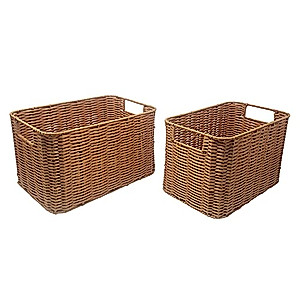 KOVOT Storage Woven Baskets Wicker Storage | Set of 2 Poly-Wicker Storage Baskets with Built-in Carry Handles | Laundry Storage Pantry Baskets Woven Polypropylene | 12"L x 8"W x 7"H & 11"L x 7"W x 7"H