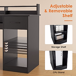 IFANNY Computer Desk, Office Desk with Drawers, Hutch, Keyboard Tray & Adjustable Shelf, Small Desk with Storage, Modern Home Office Desks, Black Desk for Bedroom, Living Room, Study (Black)