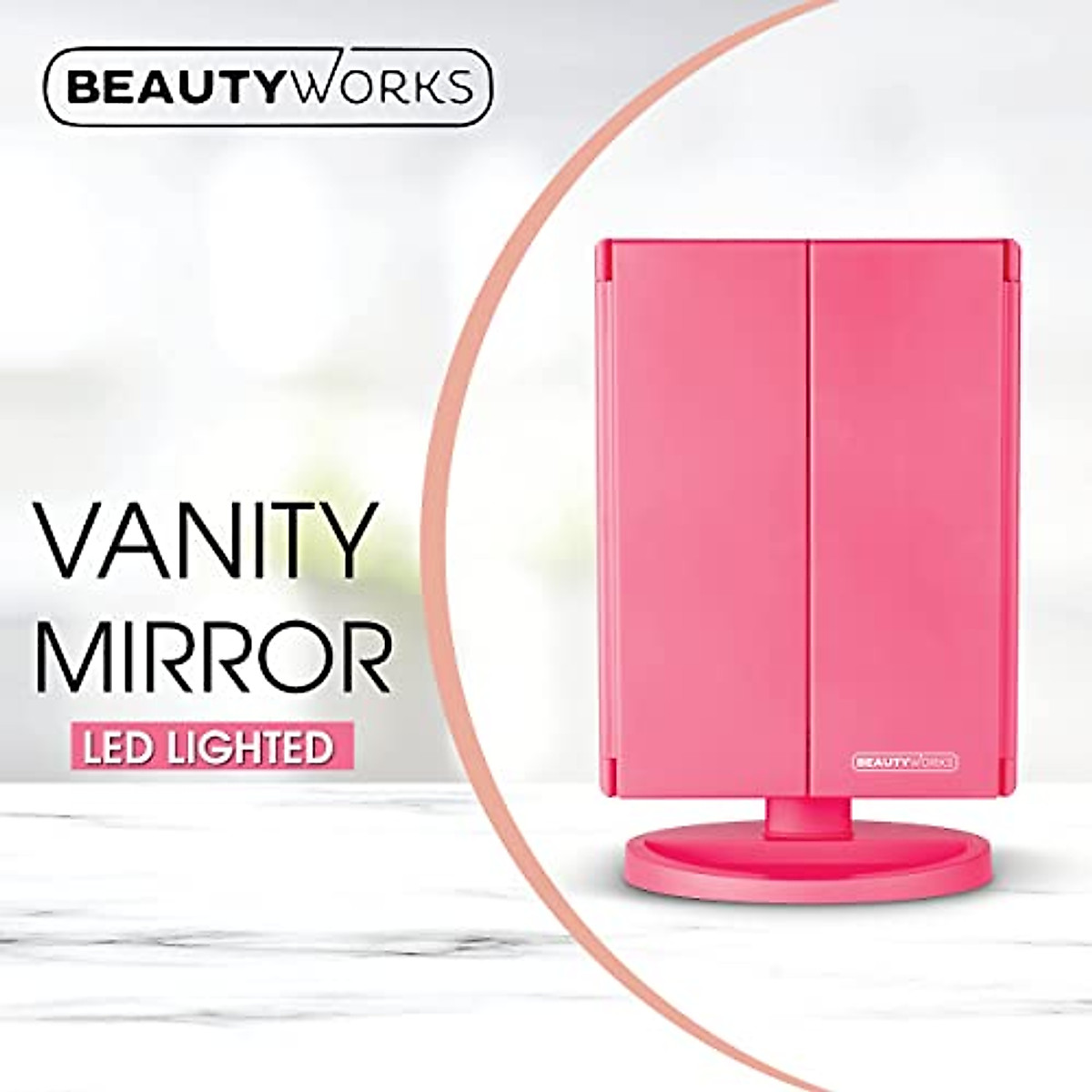 Beautyworks Backlit Makeup Vanity Mirror 36 LED Lights Touch-Screen Light Control, Tri-Fold 1/2/3X Magnification, Portable High-Definition Clarity Cosmetic Light Up Magnifying Mirror (Pink)