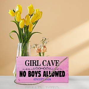 Pink Bedroom Décor Wood Plaque Sign Wall Hanging, Girl Cave No Boys Allowed Except Dad, Decor Door Wooden Hanging Sign (1pc), Art Gift for Farmhouse Bathroom Bedroom Playroom -01