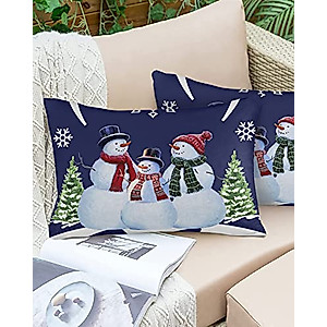 Outdoor Throw Pillow Covers Waterproof Pillow Cases 20x12In,Snowman Family Christmas Tree Snowflake Decorative Pillow Covers Cushion Cases for Couch Sofa Patio Garden,2 Pack Winter Snow Night