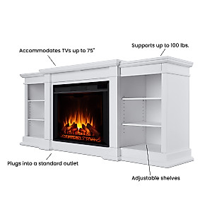 Real Flame Eliot Grand Electric Fireplace TV Stand, Solid Wood with Adjustable Shelves, Includes Mantel, Firebox & Remote Control, White