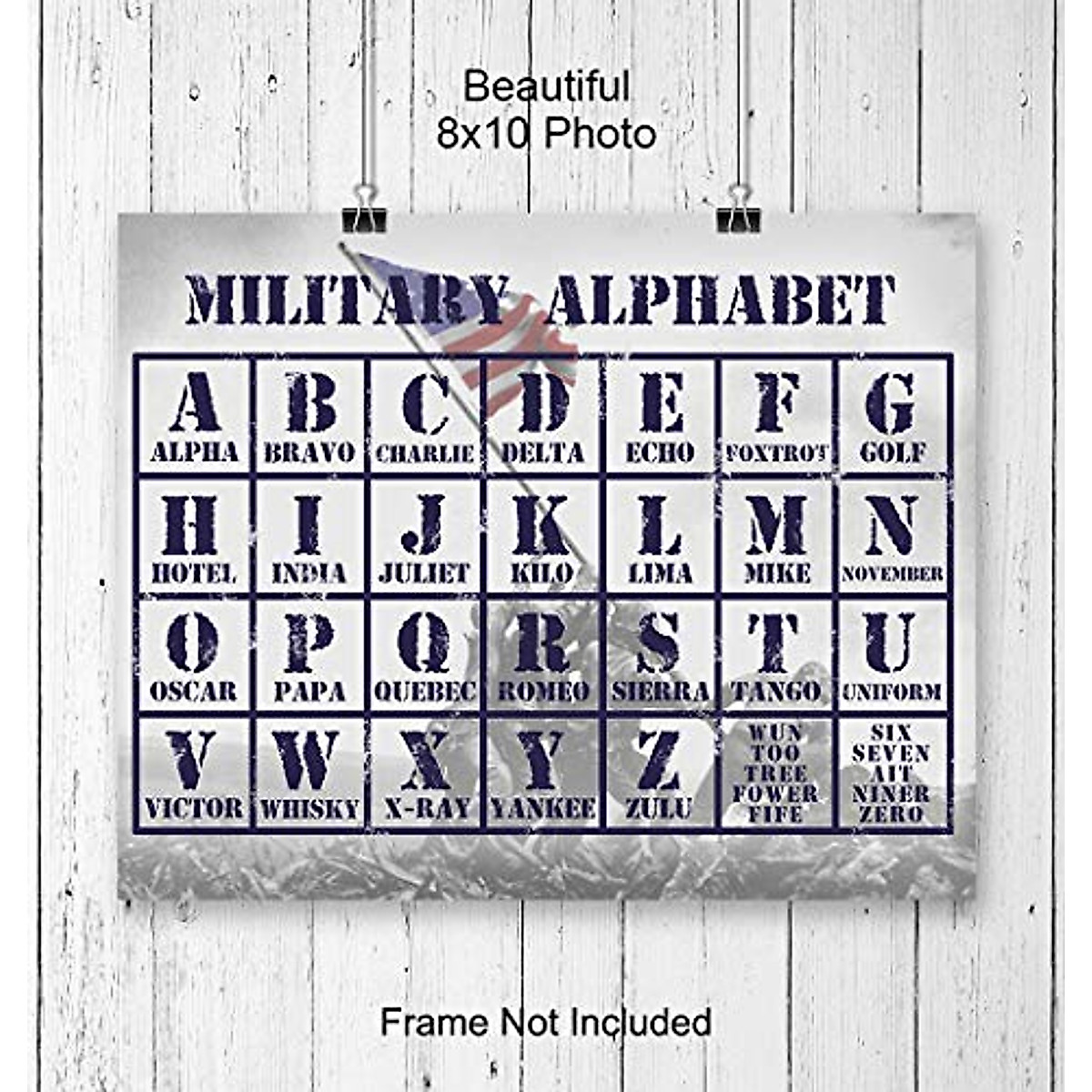 Military Alphabet - Patriotic Iwo Jima American Flag Wall Decor for Living Room - 8x10 Poster Print, Wall Art, Home Decoration- Patriotic Gift for Army, Navy, Marine, Air Force Veteran, Vet