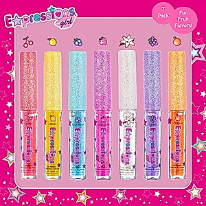 Expressions girl 7pc Fruity Flavored Lip Gloss Set, Long Lasting Glossy Lip Makeup for Kids/Teens - Lip Gloss in Assorted Fruity Flavors, Teen Girls Party Favors, Non Toxic Makeup for Kids