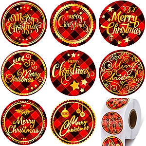 500 Pieces Christmas Envelope Stickers Christmas Stickers Envelope Seals Stickers Gold Foil Stamping on Red Buffalo Plaid Holiday Stickers Round Labels for Christmas Boxes Scrapbooking Decorations