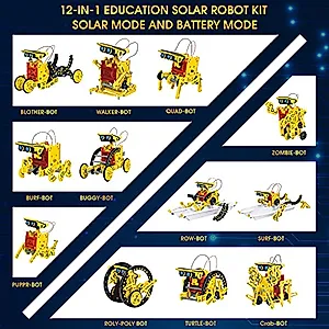 Solar Robot Kit for Kids Age 8-12, STEM Building Toys,12-in-1 Build Your Own Robot with Solar Panel & Battery Power, Science Engineering Christmas Birthday Idea Gifts for Boy Age 8 9 10 11 12