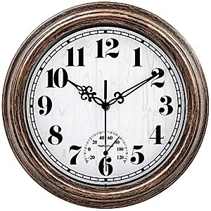 45MinST 12 Inch Indoor/Outdoor Retro Round Waterproof Wall Clock with Thermometer, Silent Non-Ticking Battery Operated Quality Quartz Wall Clock Home/Patio Decor(Bronze)