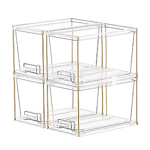 YCIA&DONE 4 Pcs Luxury Stackable Storage Drawers, Clear Organizers and Storage for Closet Bathroom Kitchen Under Sink Pantry, Easily Assemble Plastic Storage Bin for Makeup Cabinet Fridge Medicine