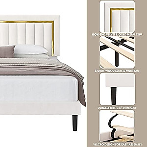 HITHOS King Size Bed Frame with Adjustable Tufted Headboard, Velvet Upholstered Platform Bed Frame with Gold Trim, Heavy Duty Mattress Foundation with Steel Frame, Easy-Assembly Slats (Beige, King)