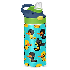 Boccsty Duck Pattern Kids Water Bottle with Straw Lid Yellow Animal Insulated Stainless Steel Reusable Tumbler for Boys Girls Toddlers 12 oz Green