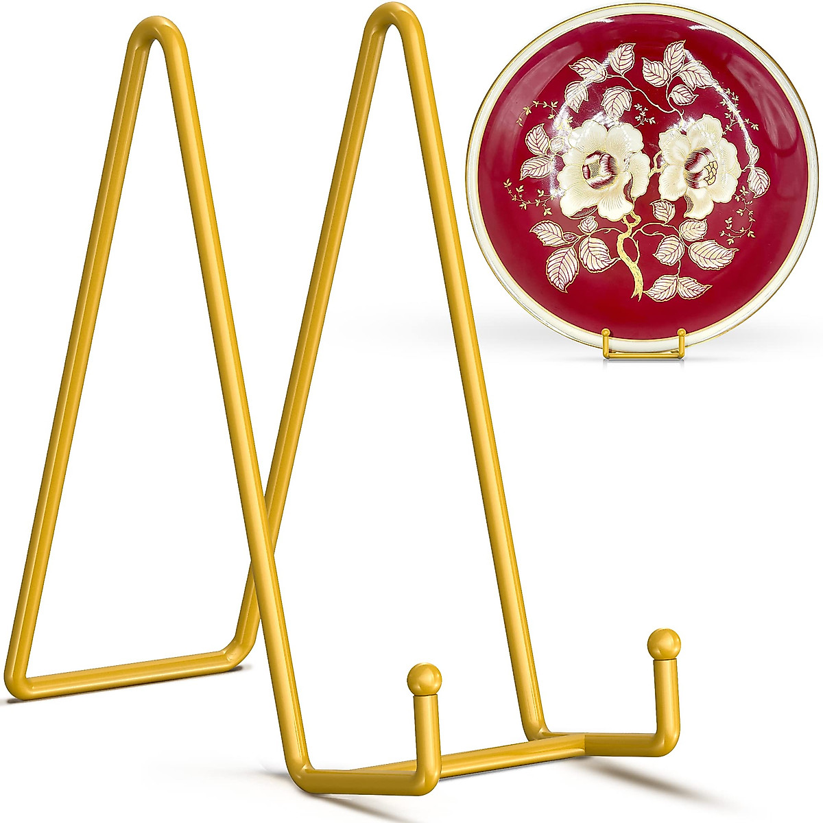 TR-LIFE 10 Inch Large Plate Stands/Holder for Display - Metal Picture Frame Holder Stand + Small Easels for Decorative Plate, Platter, Book, Plaques, Photo, Tabletop Art (Gold 2 Pack)