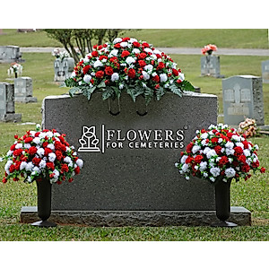 Sympathy Silks Artificial Cemetery Flowers - Grave Decorations Winter Memorial - Christmas Red and White Mums Saddle for Headstone