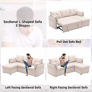 Vliekcy Sectional Sleeper Sofa Bed,Convertible Pull Out Couch with Storage Chaise Lounge, Upholstered L Shape Sofa with 2 Pillows, Comfortable Velet Fabric Couches for Living Room, Beige