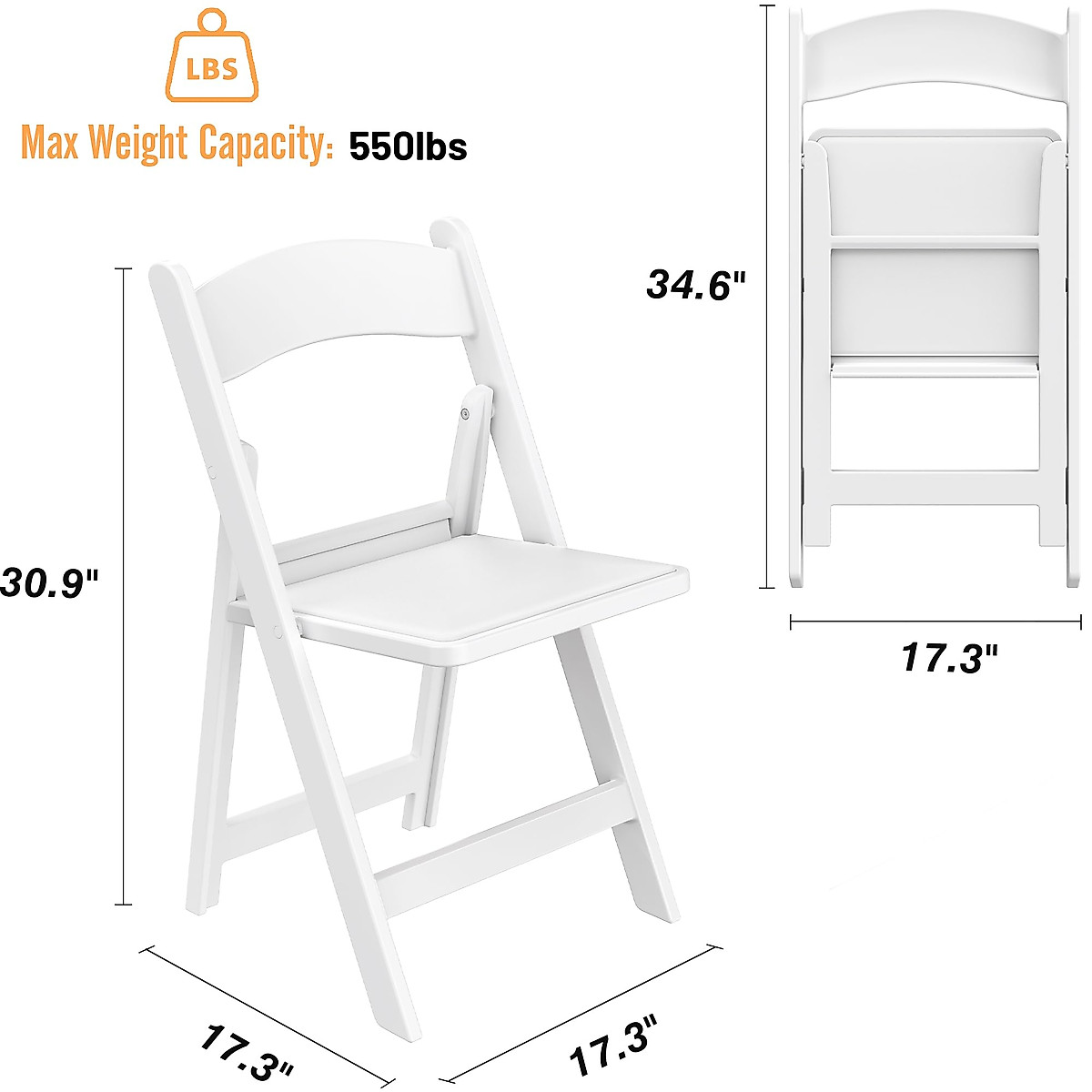 Allpop 4 Pack Resin Folding Chair with Vinyl Padded Seat, 550LB Capacity, Commercial Chair Set for Party Wedding Picnic Events, White