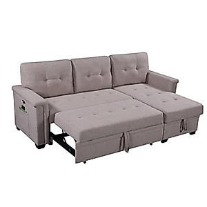 BOWERY HILL Light Gray Reversible Sleeper Sofa Storage Chaise USB Charging Port
