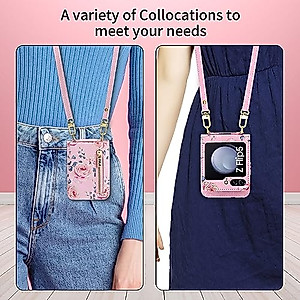 EAXER for Samsung Galaxy Z Flip 5 Case, Shockproof Women Rose Flower with Crossbody Strap Wallet Leather Stand Case Cover (Pink)