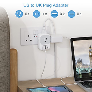 US to UK Plug Adapter, TESSAN Type G Travel Converter with 3 USB Charger(1 USB C Port), 4 Outlets Power Adaptor for USA to Qatar Ireland Hong Kong England Scotland Kenya Dubai London British