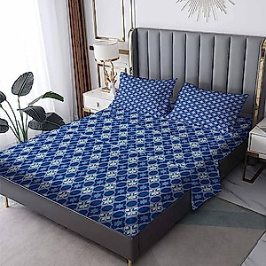 Flower Sheets Full Size, Geometric Bed Sheets, Patterned Bedding Sheets & Pillowcases 4 Piece Set - Soft Microfiber Deep Pocket Fitted Sheet & Flat Sheet & 2 Pillow Cases F3-&-191