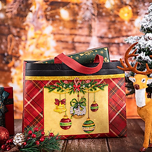 Whaline 12Pcs Christmas Plaid Large Tote Bags with Handles Reusable Red Grocery Shopping Bag Non-Woven Bags Black Green Lattice Gift Bag Truck Wreath Waterproof Party Treat Goodie Bag for Favors