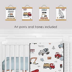 Framed Sweet Jojo Designs Construction Truck Wall Art Prints Room Decor for Baby, Nursery, and Kids - Set of 4 - Grey Yellow Orange Red and Blue Transportation with Wooden Hanging Magnetic Frames