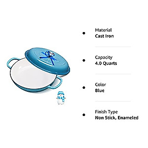 Enamel Cast Iron Casserole Dish with Lid --CSK Cast Iron Braiser Pan with Porcelain Coating, 4 QT Enameled Cast Iron, Steel Knob Cover & Double Loop Handles, Cast Iron Casserole Dish, Card Blue.