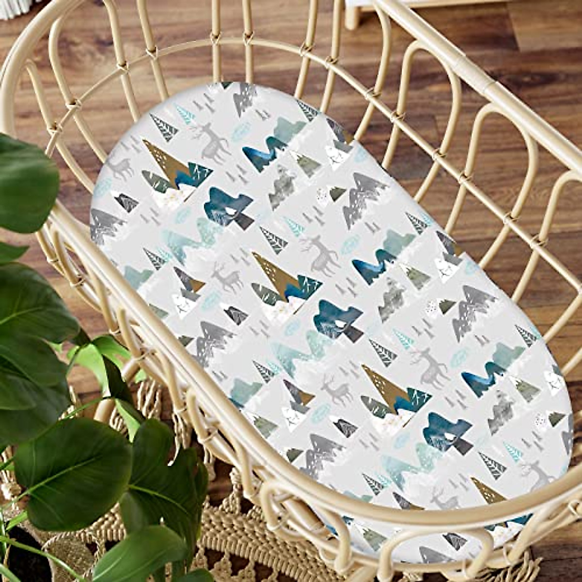 Baby Bassinet Sheet for Boys and Girls, Cradle Mattress Sheet, Polyester Baby Bedside Cover, Universal for Rectangle, Oval, Hourglass Bassinet Mattress, Soft & Breathable, 2 Pack, Mountain & Pine