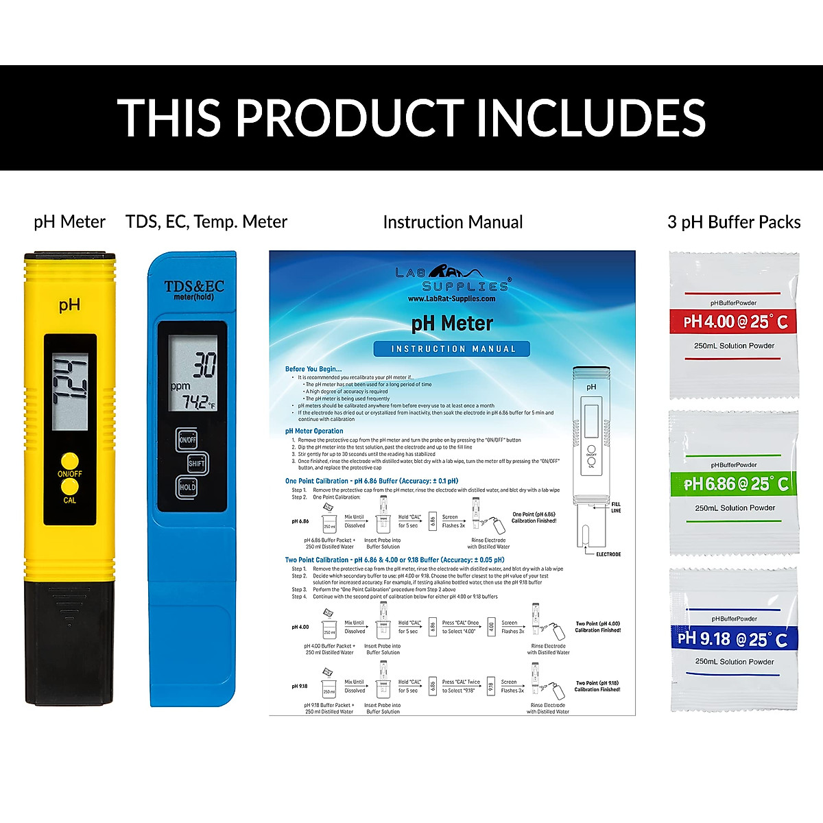 pH Meter and TDS, EC, Temperature Meter (Accuracy: pH: ±0.1, TDS: ±2-5%, EC: ±2-5%, Temp.: ±0.1°C) | for Water, Hydroponics, Aquariums, Pools & Spas, Soil, Brewing, Aquaculture, Kombucha, etc.