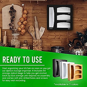 Ziplock Bag Organizer, Bamboo Kitchen Drawer Organizer, Drawer Divider for Snack, Sandwich & Gallon Bags, Kitchen Organizer with 60 Zip Lock Bags, 12x12 inch Box, Black -Total Kitchen Solutions