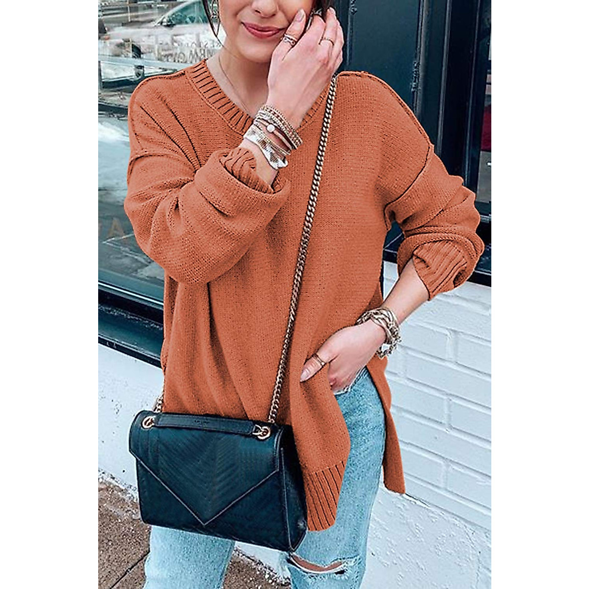 MEROKEETY Women's 2025 Fall Winter Casual Oversized Pullover Sweater Loose Crew Neck Long Sleeve Side Split Jumper Top, Orange, L
