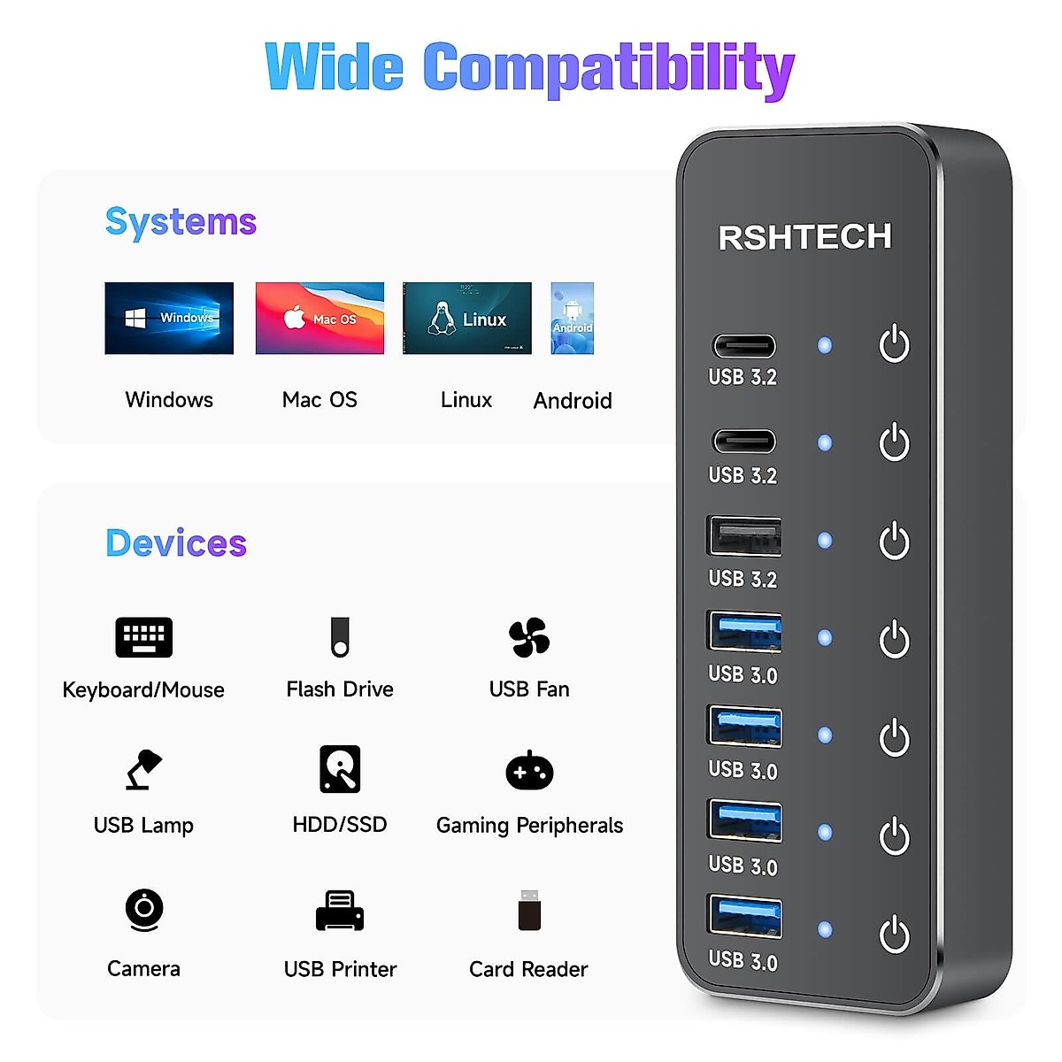 RSHTECH 7-Port Powered USB 3.2/USB C Hub with 10Gbps USB-A 3.2, 2 USB-C 3.2, 4 USB 3.0 Ports, Individual Touch Switches, 3.3ft Cable and 5V Power Adapter, USB Hub Splitter for Laptop/PC, RSH-ST07C