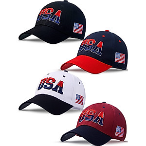 ROLVNHTV 4 Pieces USA Hats for Men American Flag Cap Adjustable Embroidered Patriotic Black Baseball Hat Trucker Hat for Men Women